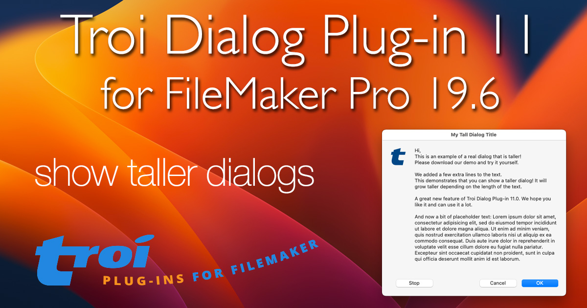 PR: Troi Dialog Plug-in 11 for FileMaker 19.6: show taller dialogs